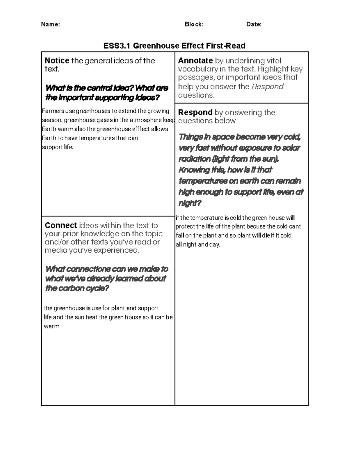 Eddy - ESS3.1 - Greenhouse Effect First-Read - Name: Block: Date: ESS3 ...