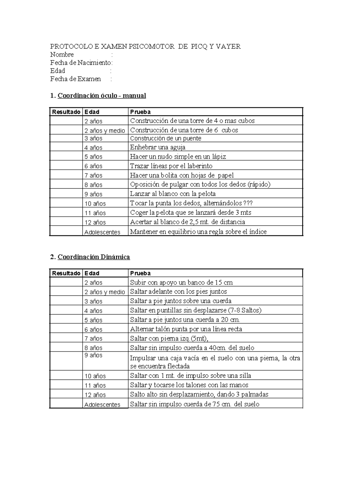 Picq y Vayer test - PROTOCOLO E XAMEN PSICOMOTOR DE PICQ Y VAYER Nombre ...