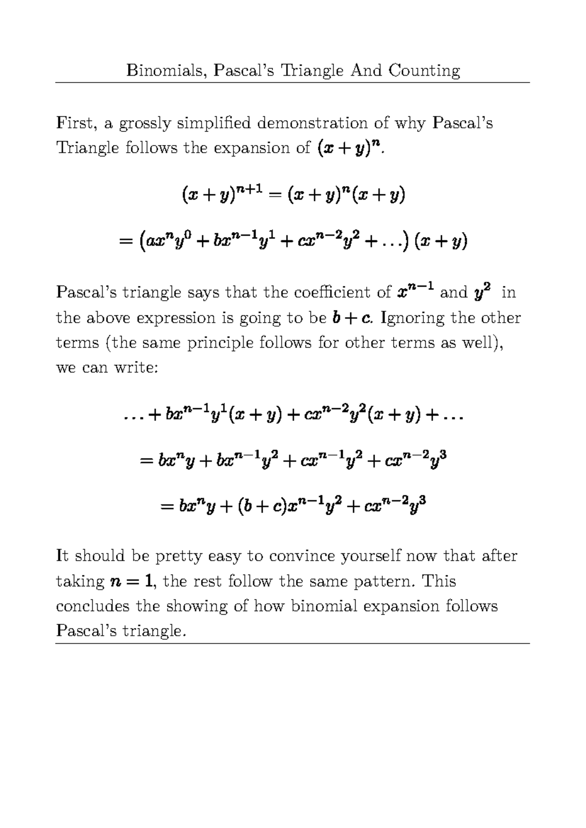 Combinatorial Intuition For Binomial Theorem Binomials Pascals Triangle And Counting First