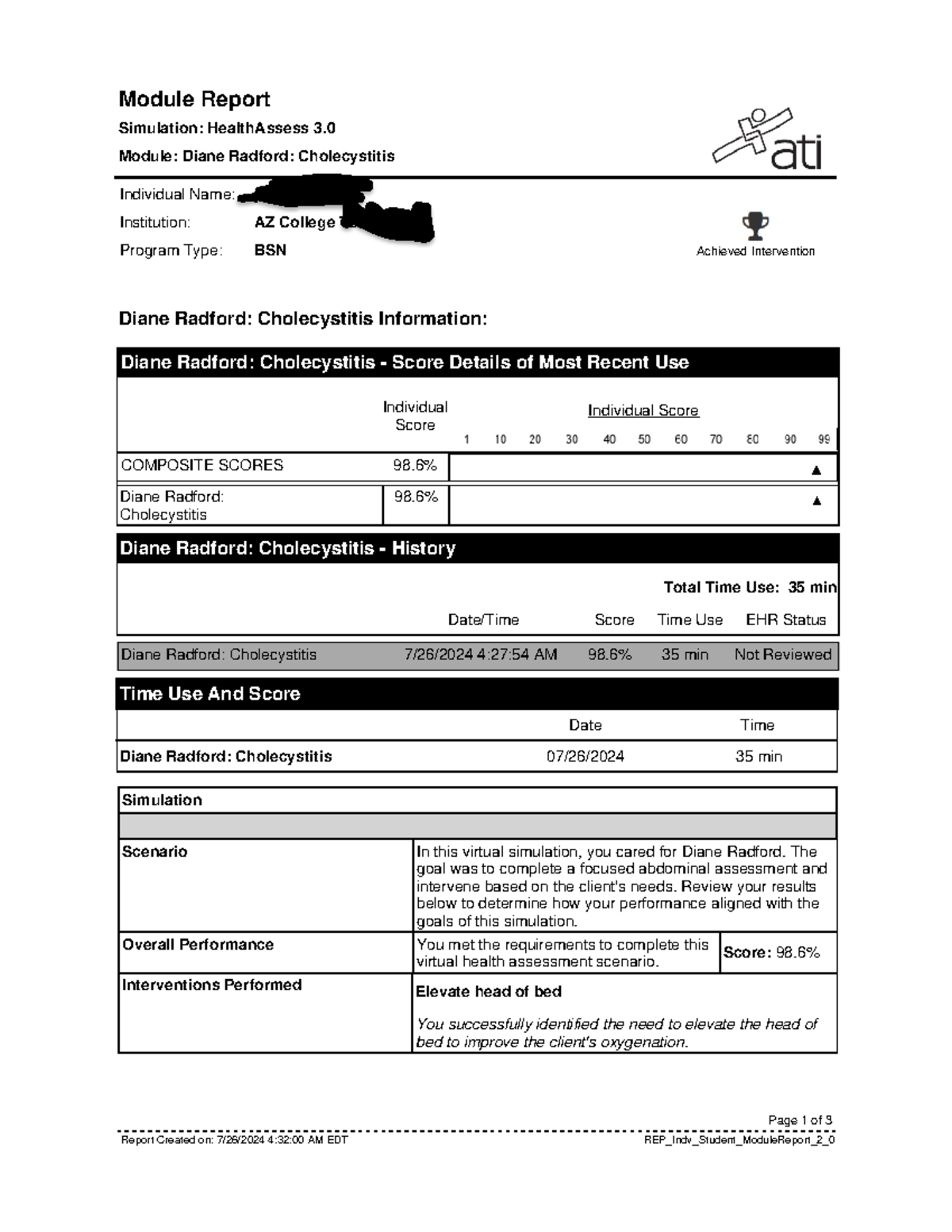 ATI: Diane Radford: Cholecystitis - Module Report Achieved Intervention ...