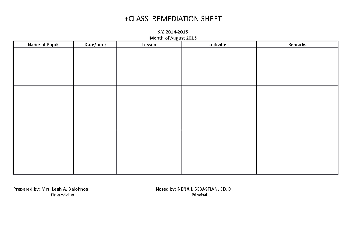 Class Remediation Sheet - +CLASS REMEDIATION SHEET S. 2014- Month of ...