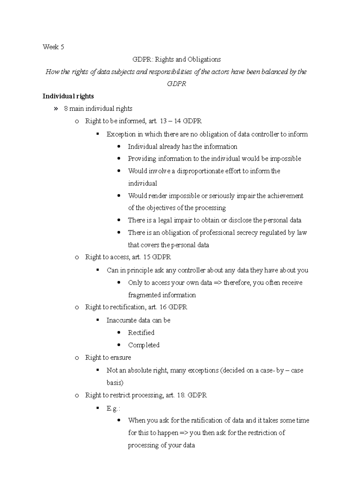 Data Protecction, Week 5 - Week 5 GDPR: Rights and Obligations How the ...