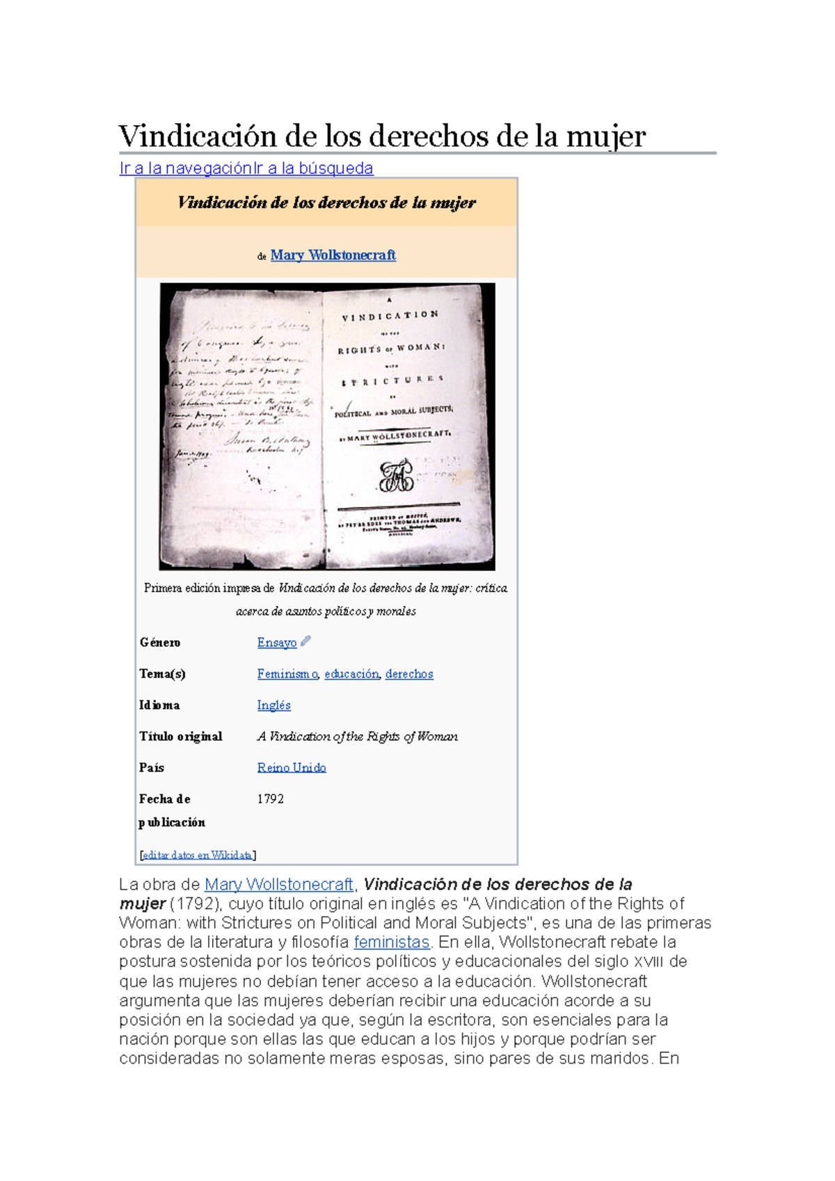 Vindicacion - historia - Vindicación de los derechos de la mujer Ir a ...