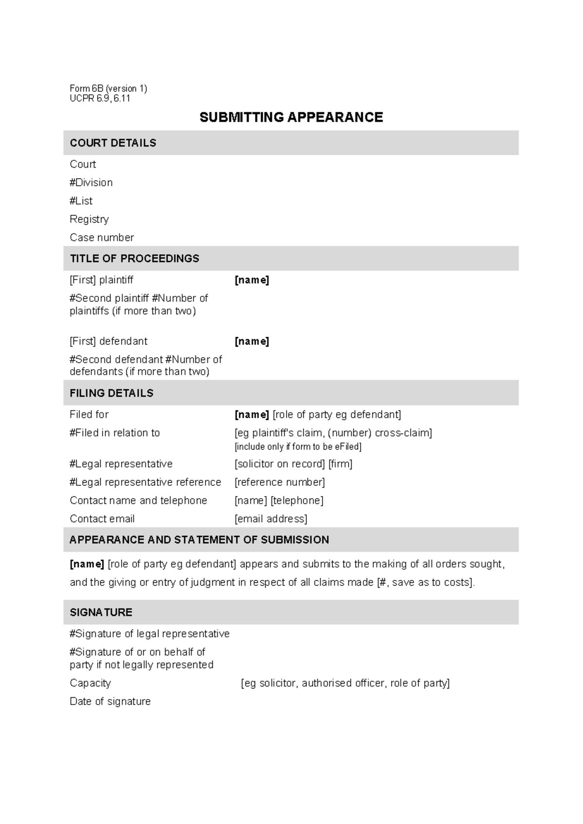 Ucpr form 6b submitting appearance - Form 6B (version 1) UCPR 6, 6 ...