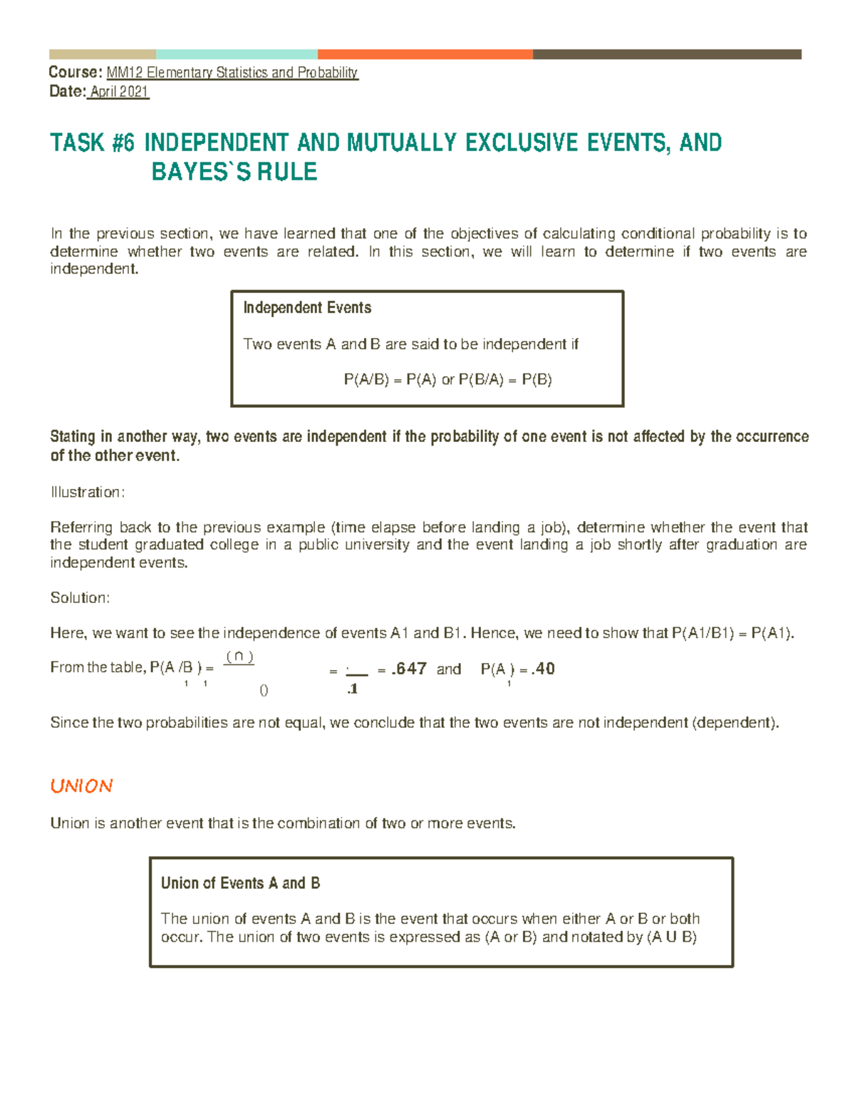 Independent and Mutually Exclusive Events, Bayes`s Rule - Elementary ...
