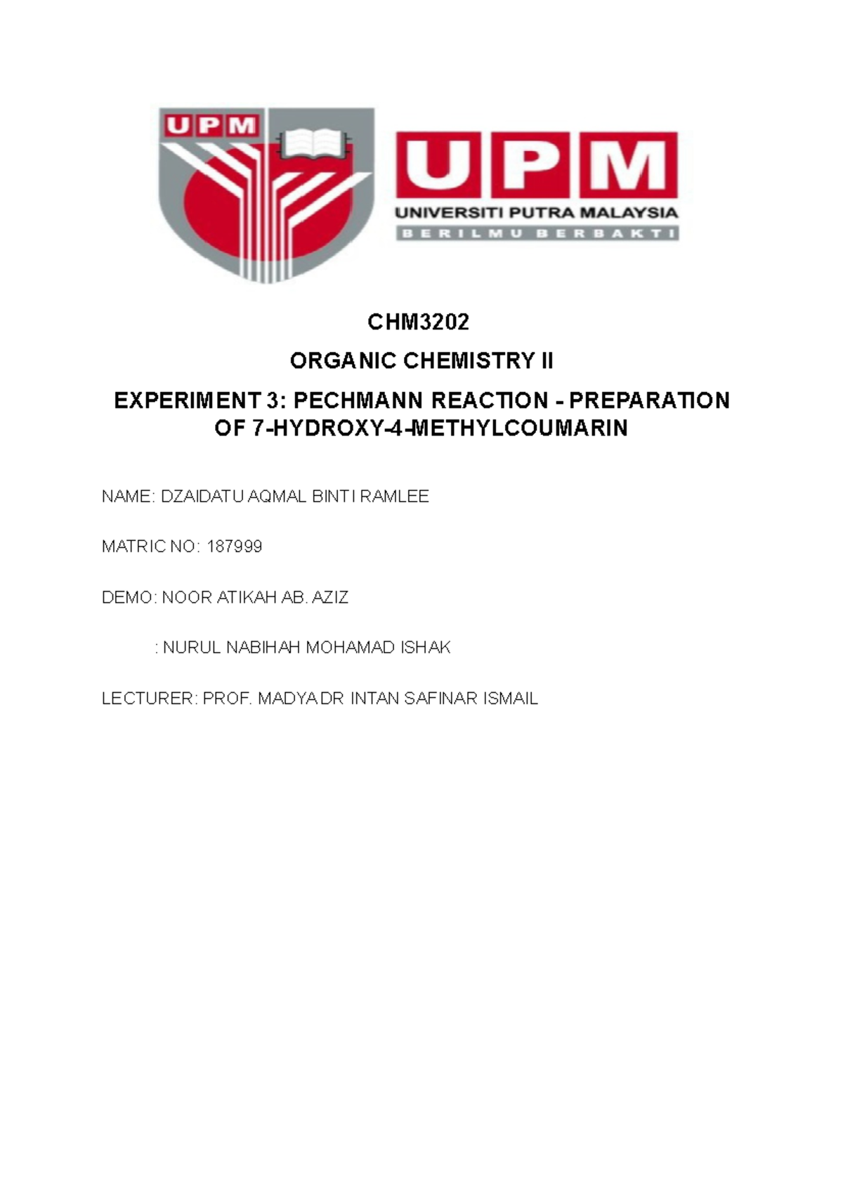 EXP 3 V1 - Understand the Pechmann Reaction by synthesise a coumarin using the Pechmann - CHM ...