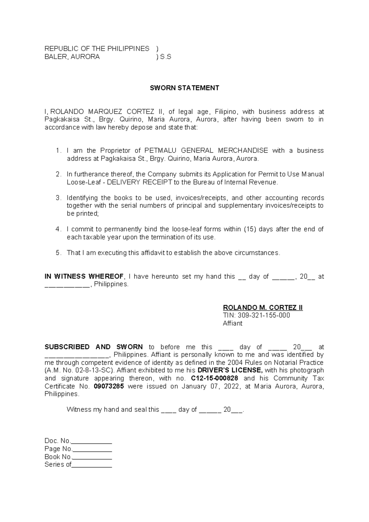 Sworn Statement Looseleaf BIR - REPUBLIC OF THE PHILIPPINES ) BALER ...