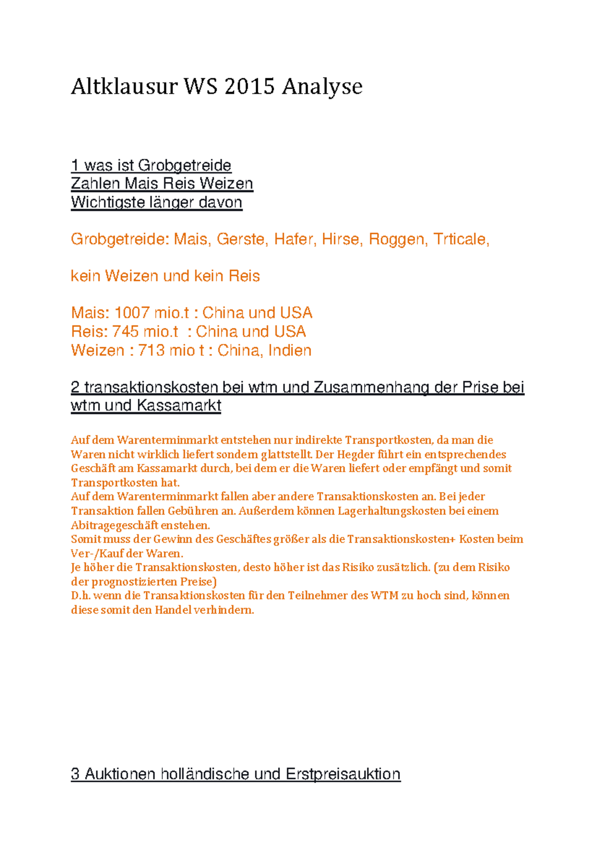 Altklausur WS 2015 Analyse - Altklausur WS 2015 Analyse 1 was ist Grobgetreide Zahlen Mais Reis ...