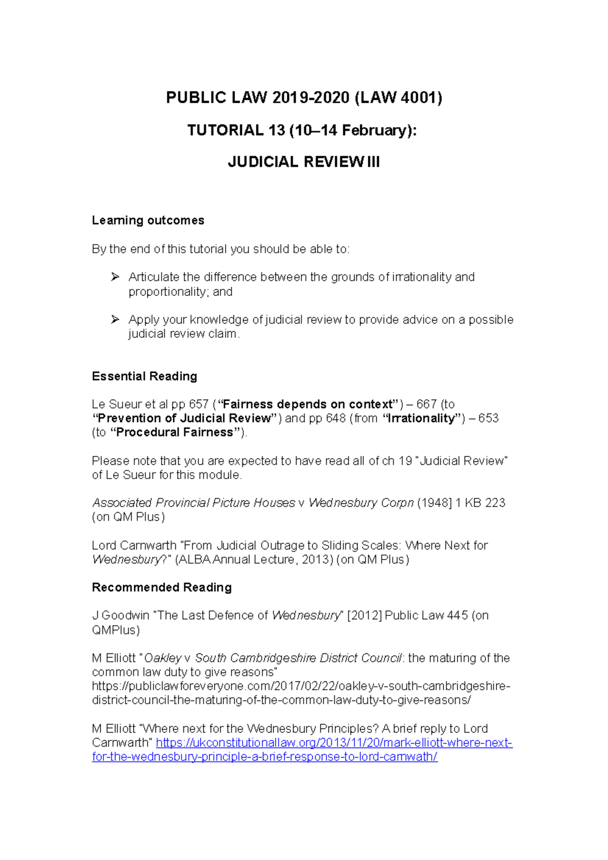 Tutorial 13 notes - PUBLIC LAW 2019-2020 (LAW 4001) TUTORIAL 13 (10–14 ...