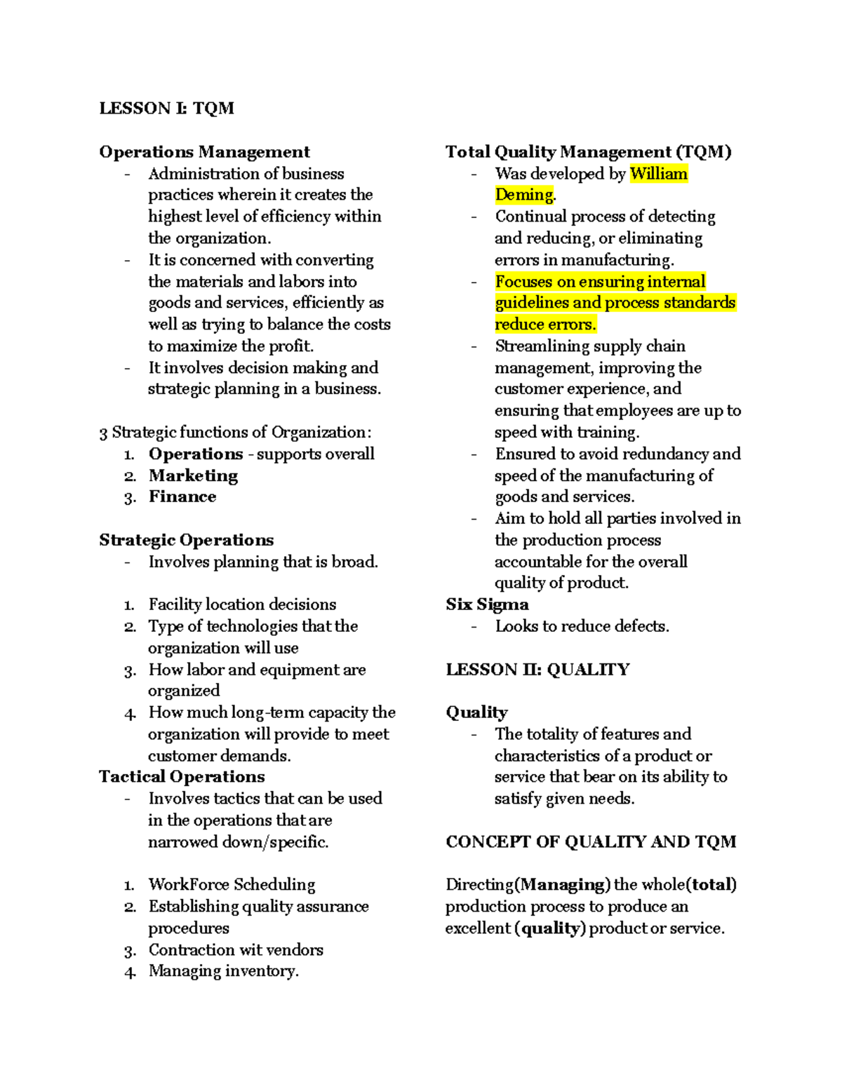 Total Quality Management - Operations Management (BUSC 101) Prelim ...