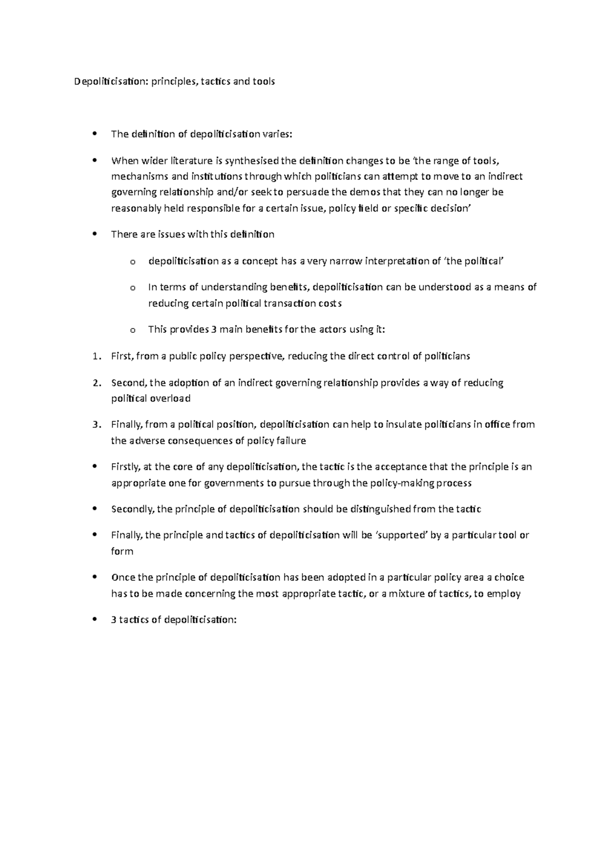 Depoliticisation notes - Depoliticisation: principles, tactics and ...