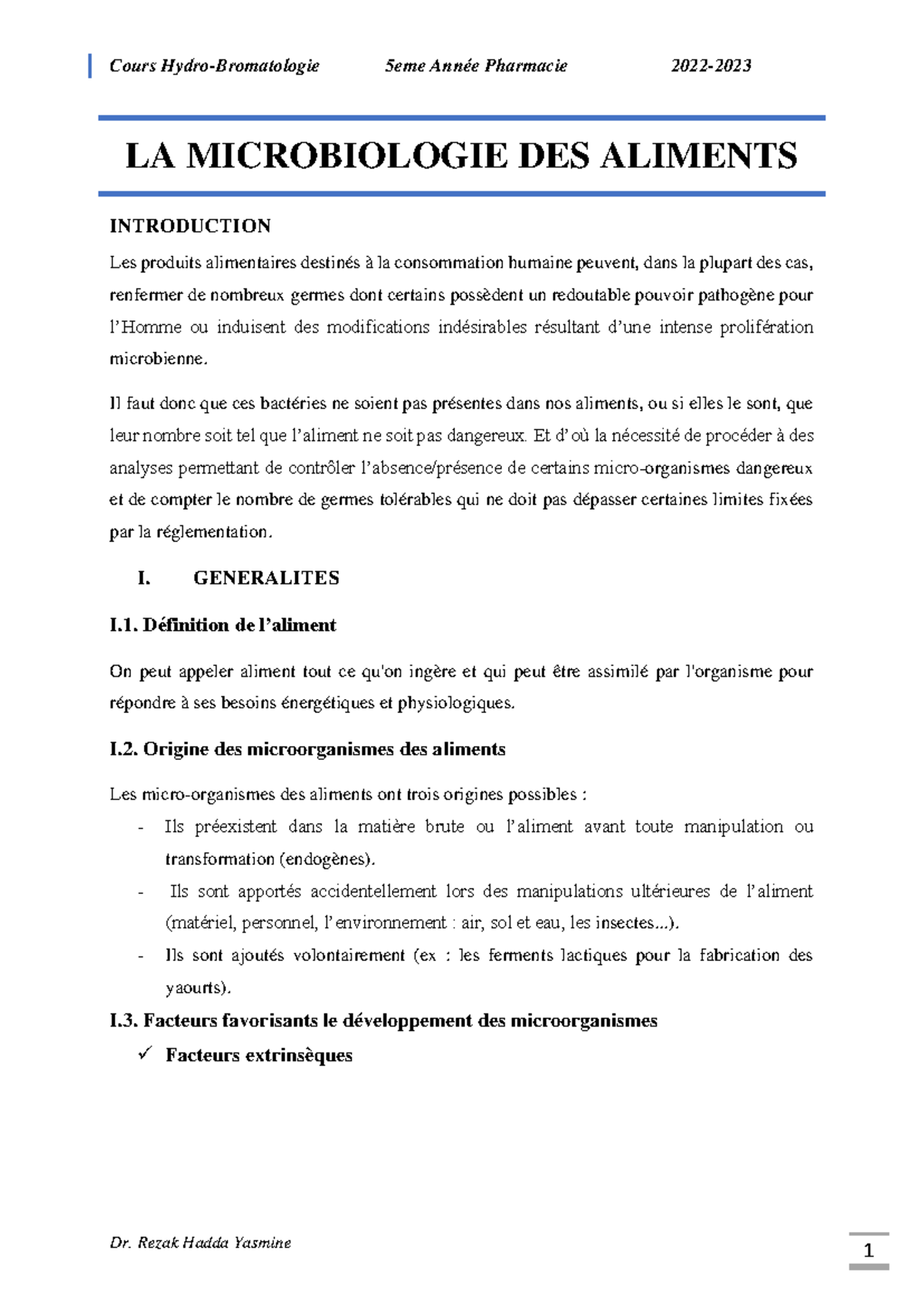 Microbilogie-des-aliments - Dr. Rezak Hadda Yasmine INTRODUCTION Les ...