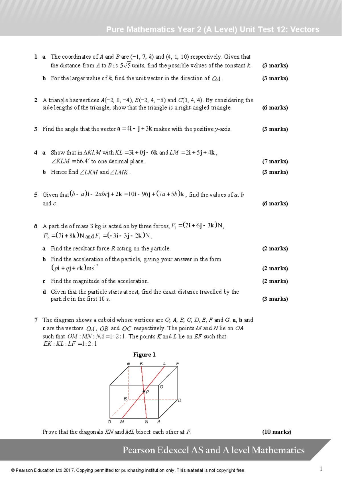 Vectors - Pure Mathematics Year 2 (A Level) Unit Test 12: Vectors 1 a ...
