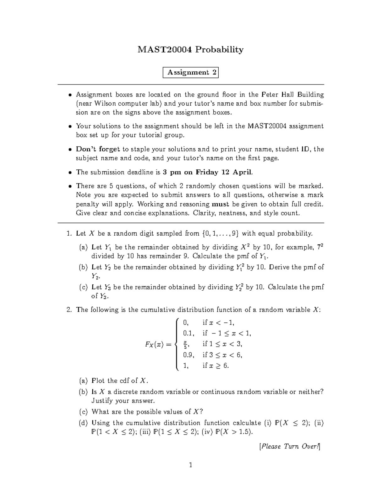 MAST2000 4 2019 Assign 2 - MAST20004 Probability Assignment 2 ...