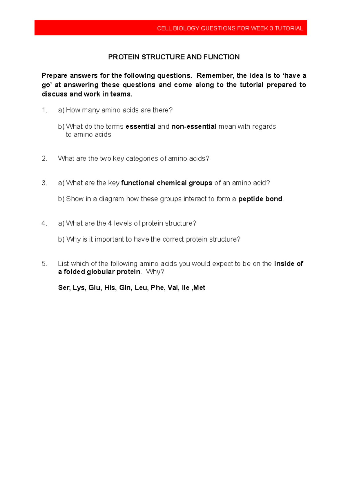 Week 3 Tutorial Questions - CELL BIOLOGY QUESTIONS FOR WEEK 3 TUTORIAL ...