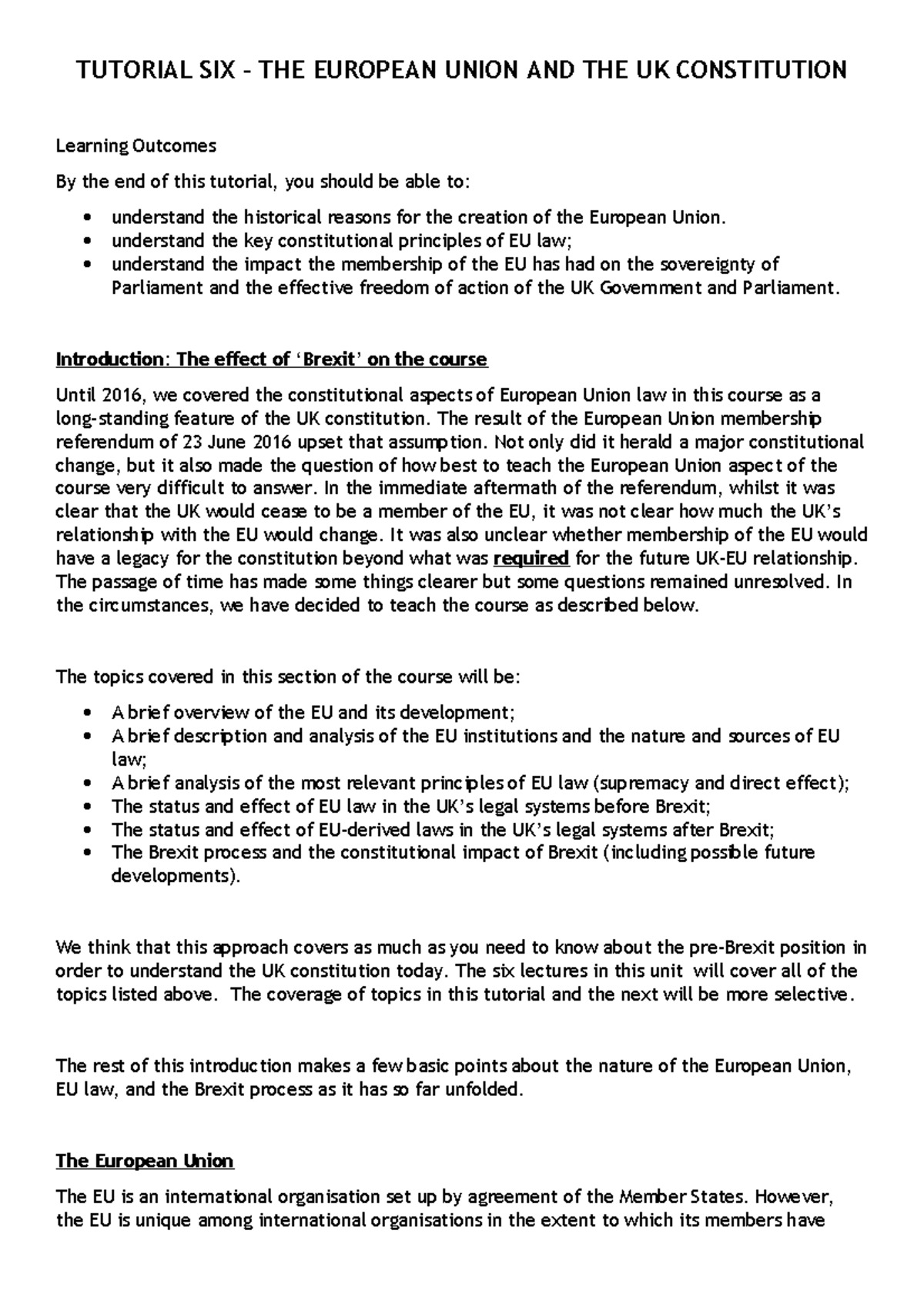 Tutorial 6 - TUTORIAL SIX - THE EUROPEAN UNION AND THE UK CONSTITUTION ...