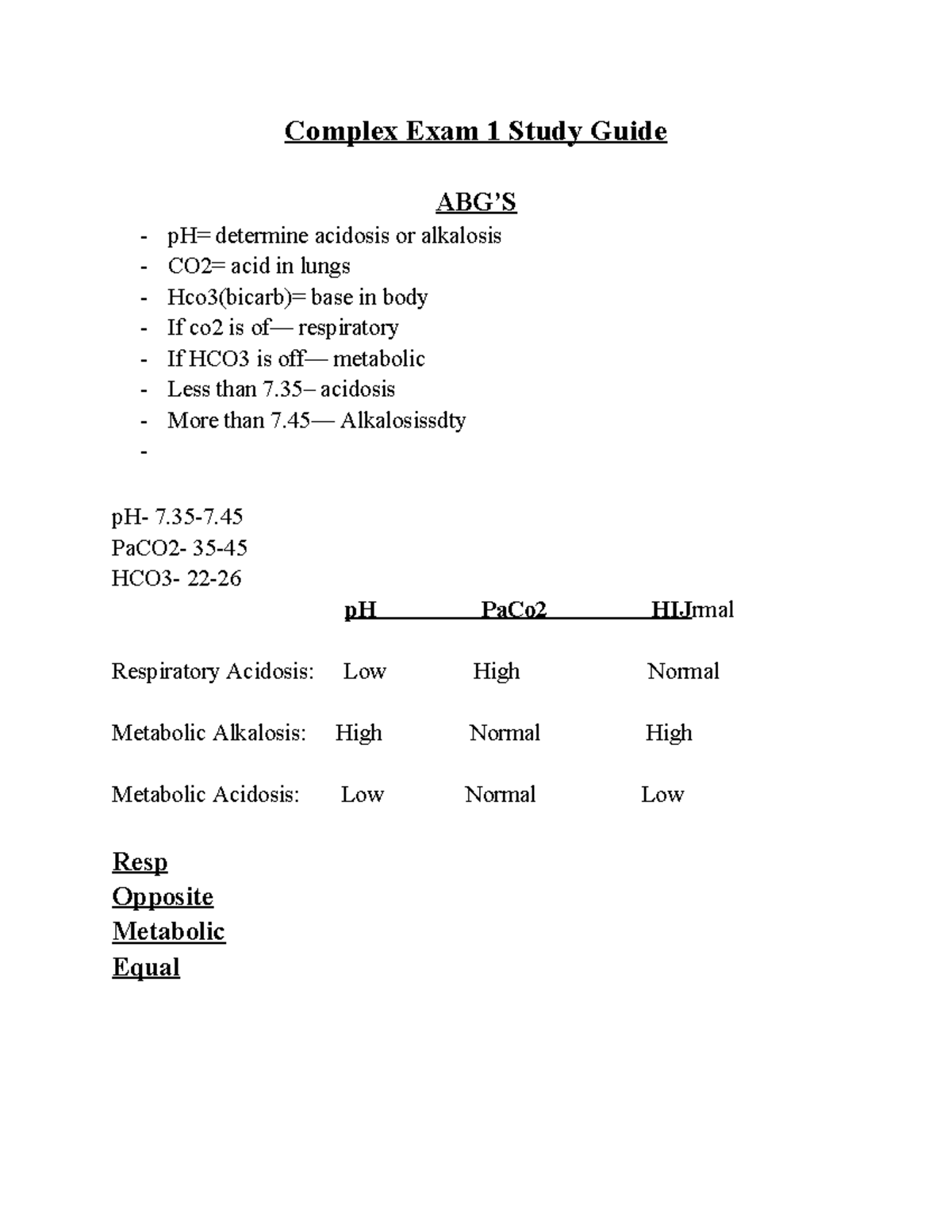 Complex Exam 1 Study Guide - Complex Exam 1 Study Guide ABG’S - pH ...