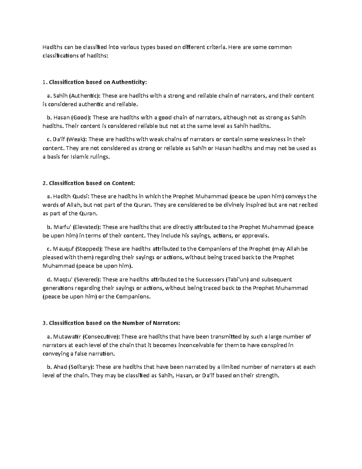 Classification of Hadith - Hadiths can be classified into various types ...