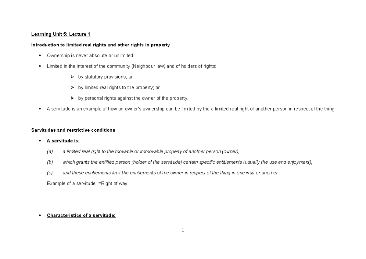 Notes for PROPETY LAW LU5 Lecture 1 Limited Real Rights Servitudes ...