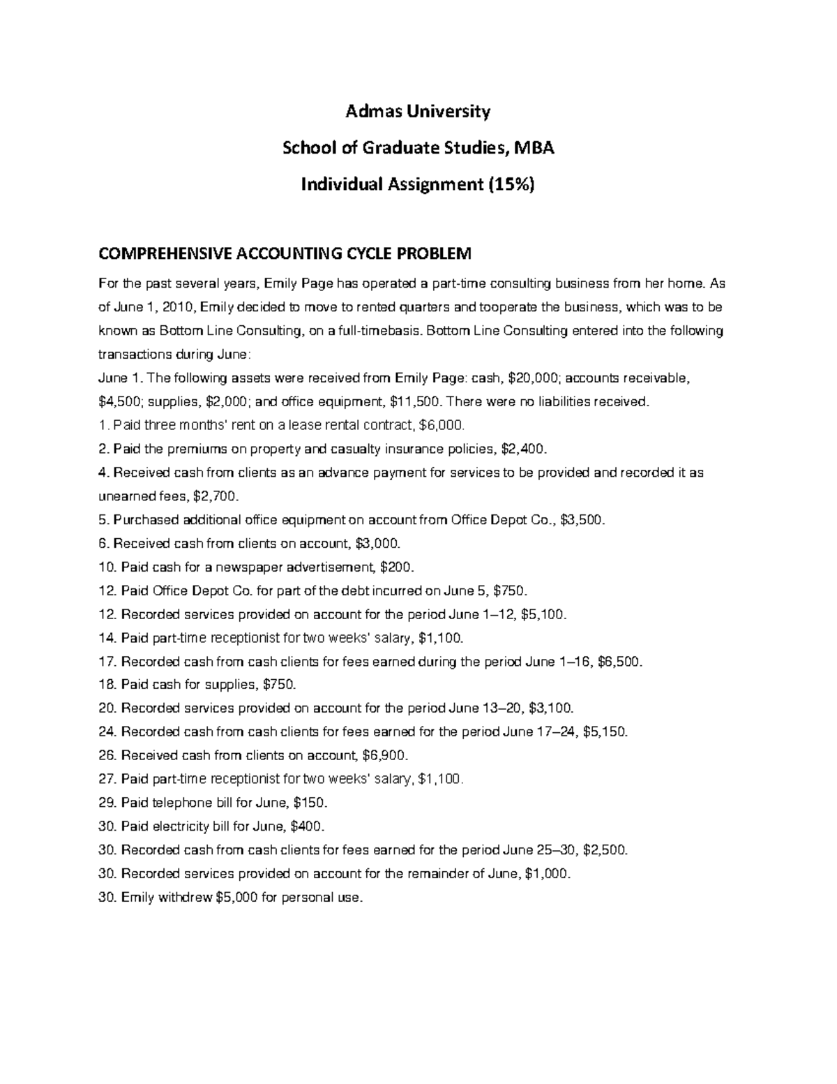 Assignment I comprehensive accounting cycle - Admas University School ...