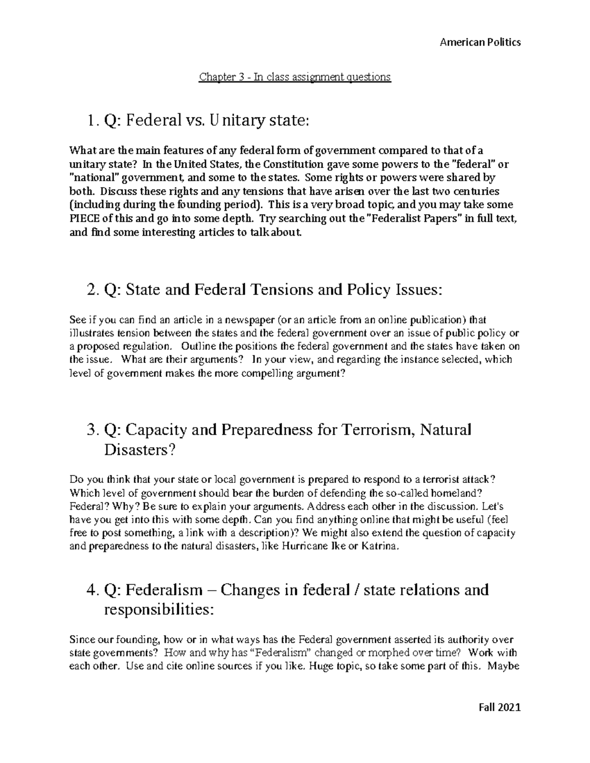 Chapter 3 - In class assignment questions - Q: Federal vs. Unitary ...