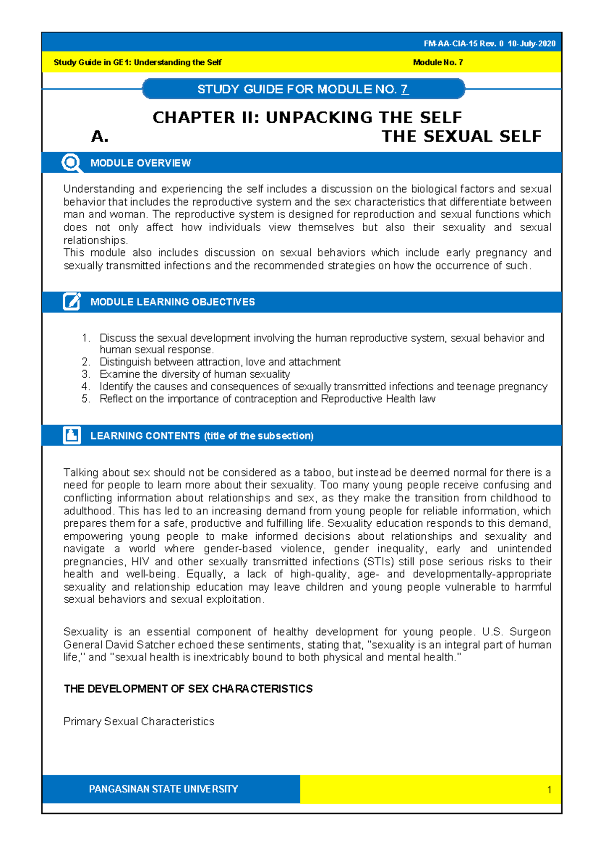 GE1 Module 7 Sexual Self - STUDY GUIDE FOR MODULE NO. 7 Study Guide in GE1: Understanding the ...
