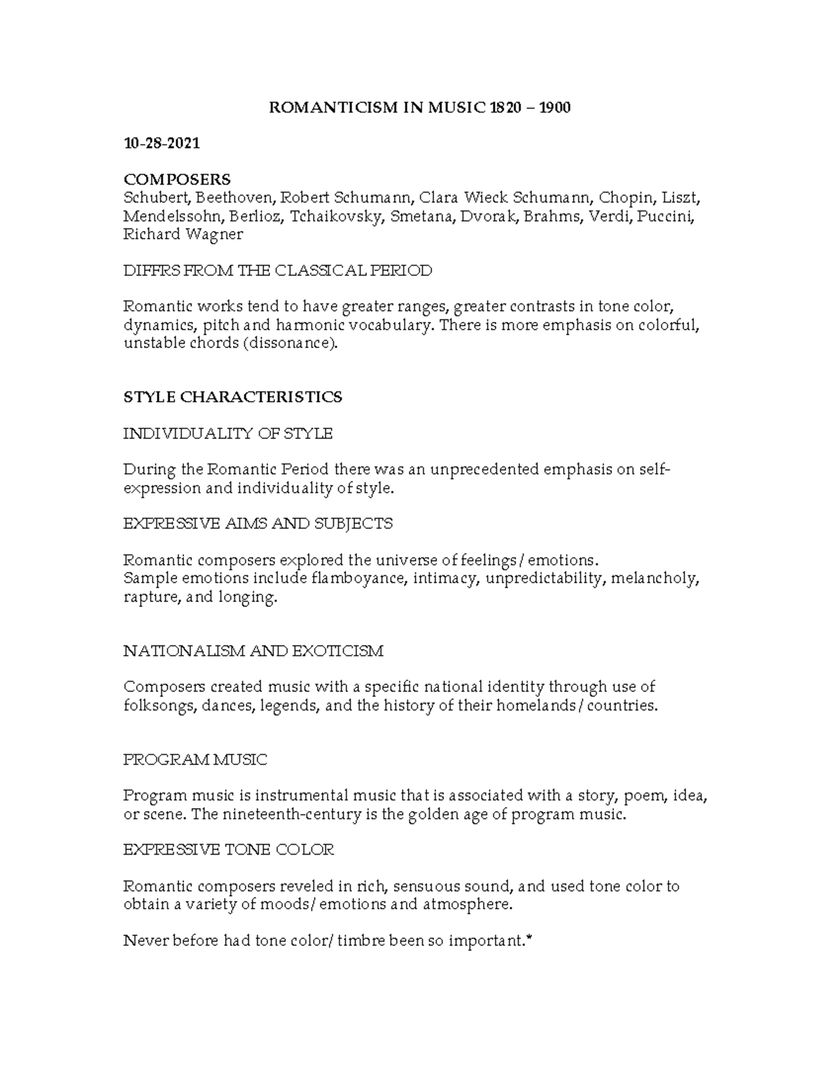 Notes 3-31-22 Romantic - ROMANTICISM IN MUSIC 1820 – 1900 10-28 ...