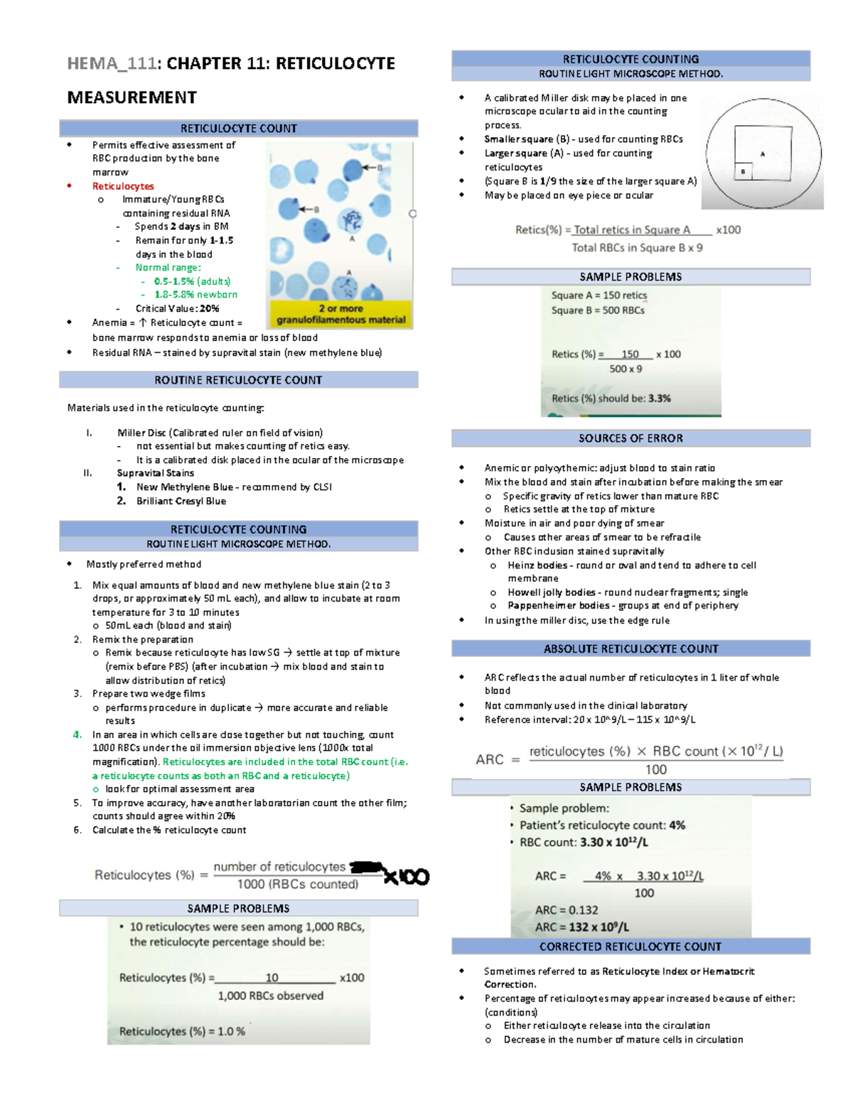 HEMA Reticulocyte Count HEMA 111 CHAPTER 11 RETICULOCYTE