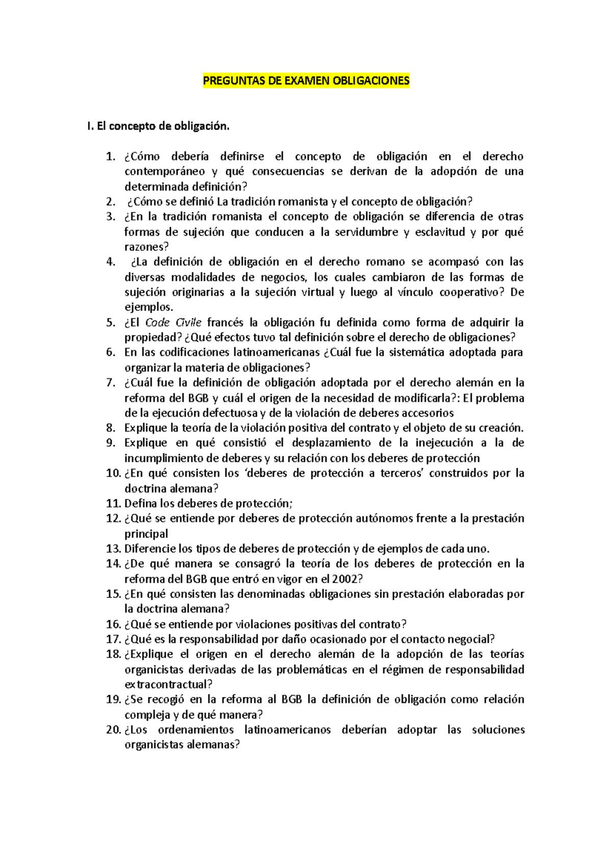 Preguntas Examen Obligaciones. 2 - PREGUNTAS DE EXAMEN OBLIGACIONES I ...