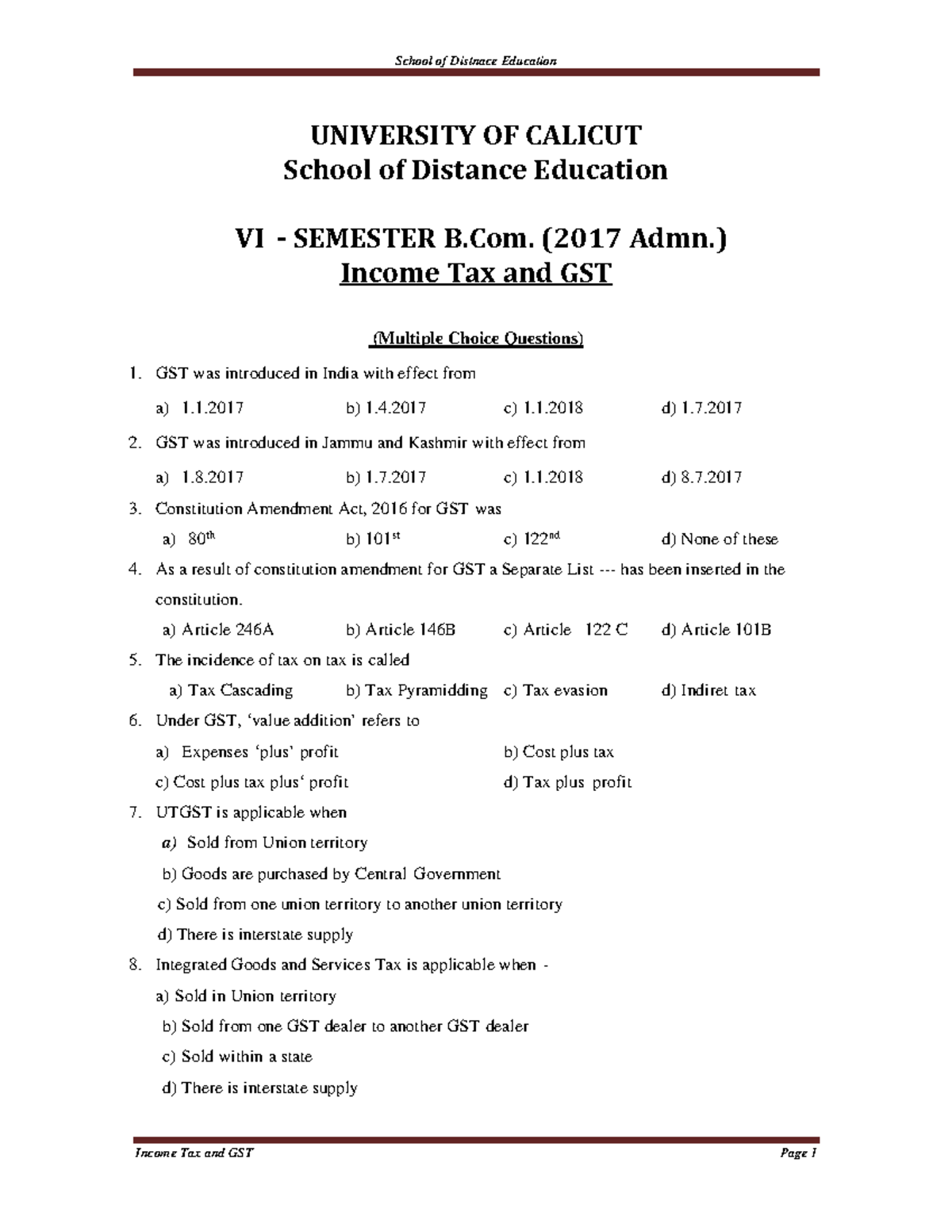 VI Sem. - Income Tax and GST MCQ - UNIVERSITY OF CALICUT School of Distance Education VI ...