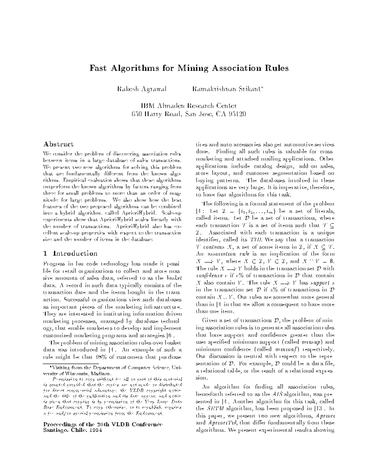 Vldb94apriori - appriori - Fast Algorithms for Mining Asso ciation Rules Rakesh Agrawal ...