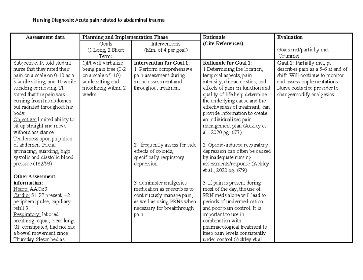 Care plan for bundle 3 - clinical docs - Assessment data Planning and ...