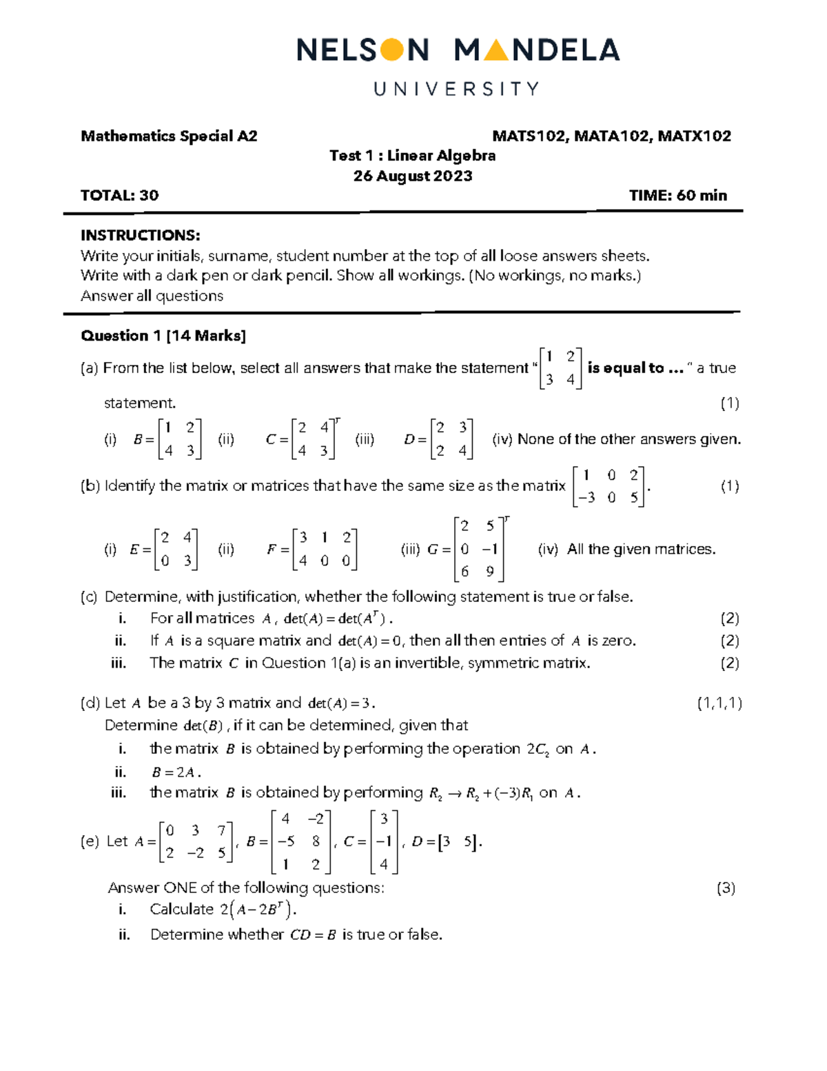 Mathematics Special A2 Test 1 (ver 1) - Mathematics Special A2 MATS102 ...
