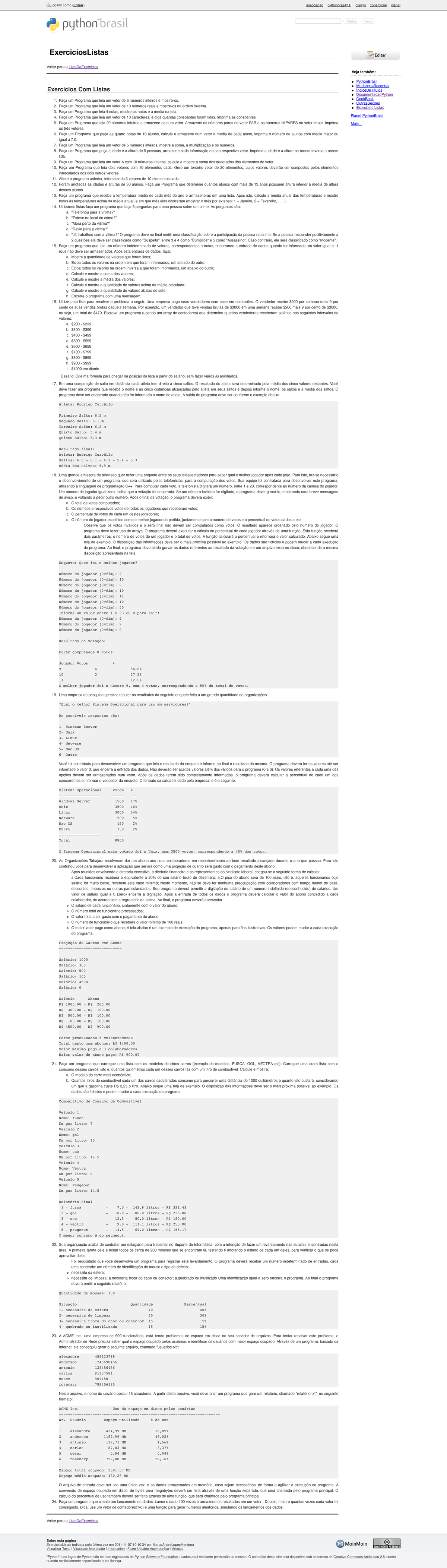 Exercicios Listas Python Brasil Associação Pythonbrasil 11 Django Zopeplone Planet Títulos