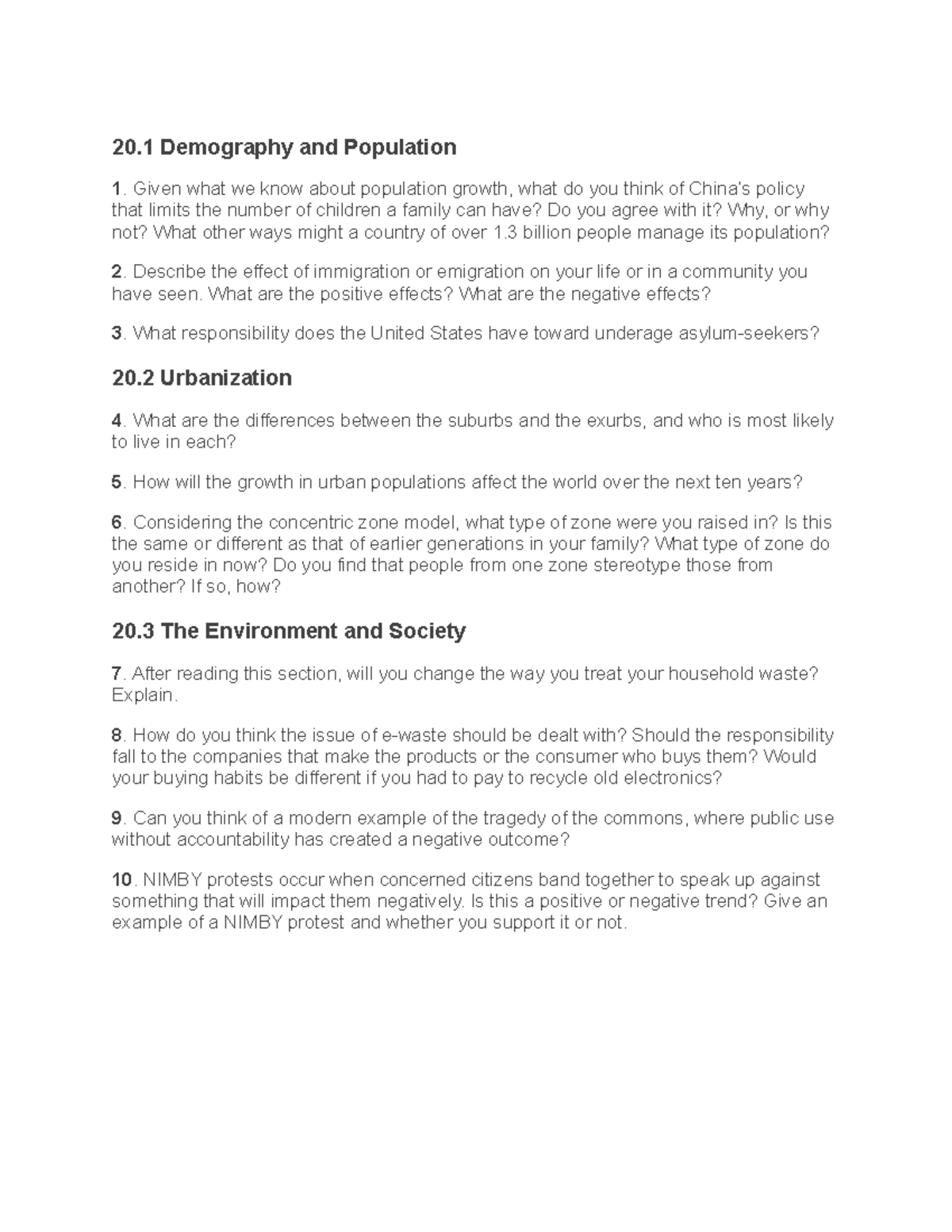 Chapters 20 Short Answer Questions - 20 Demography and Population Given ...