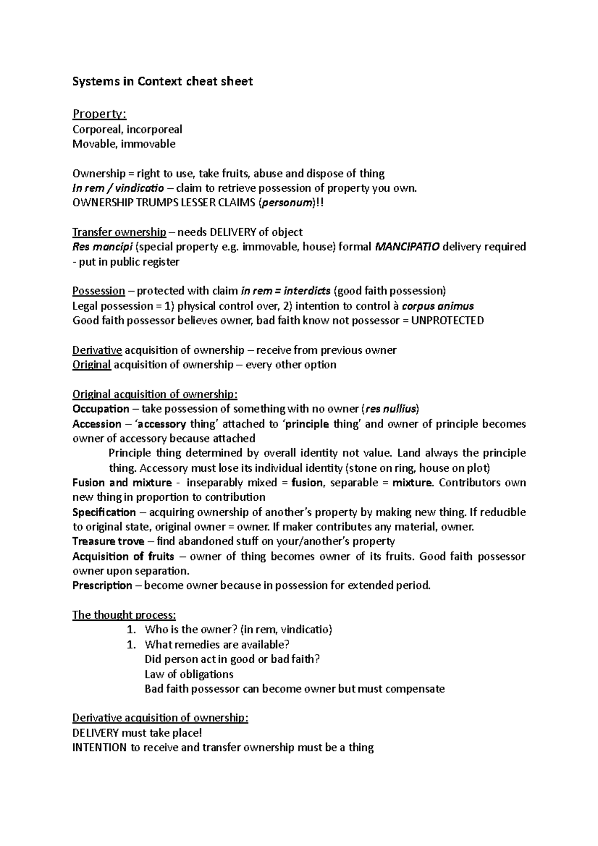Syscon Sum Notes Systems In Context Cheat Sheet Property Corporeal Incorporeal Movable