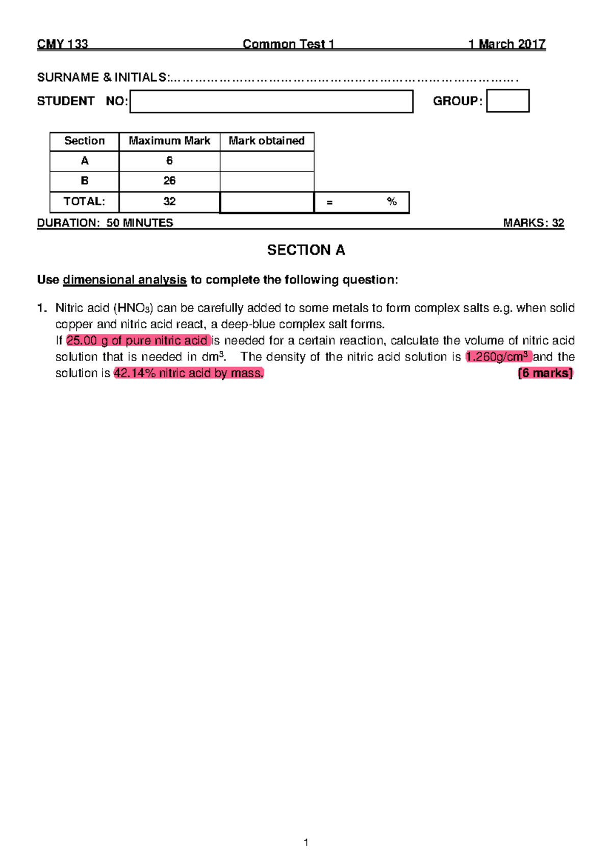 2017 CMY 133 Common TEST 1 - CMY 13 3 Common Test 1 1 March 2017 ...