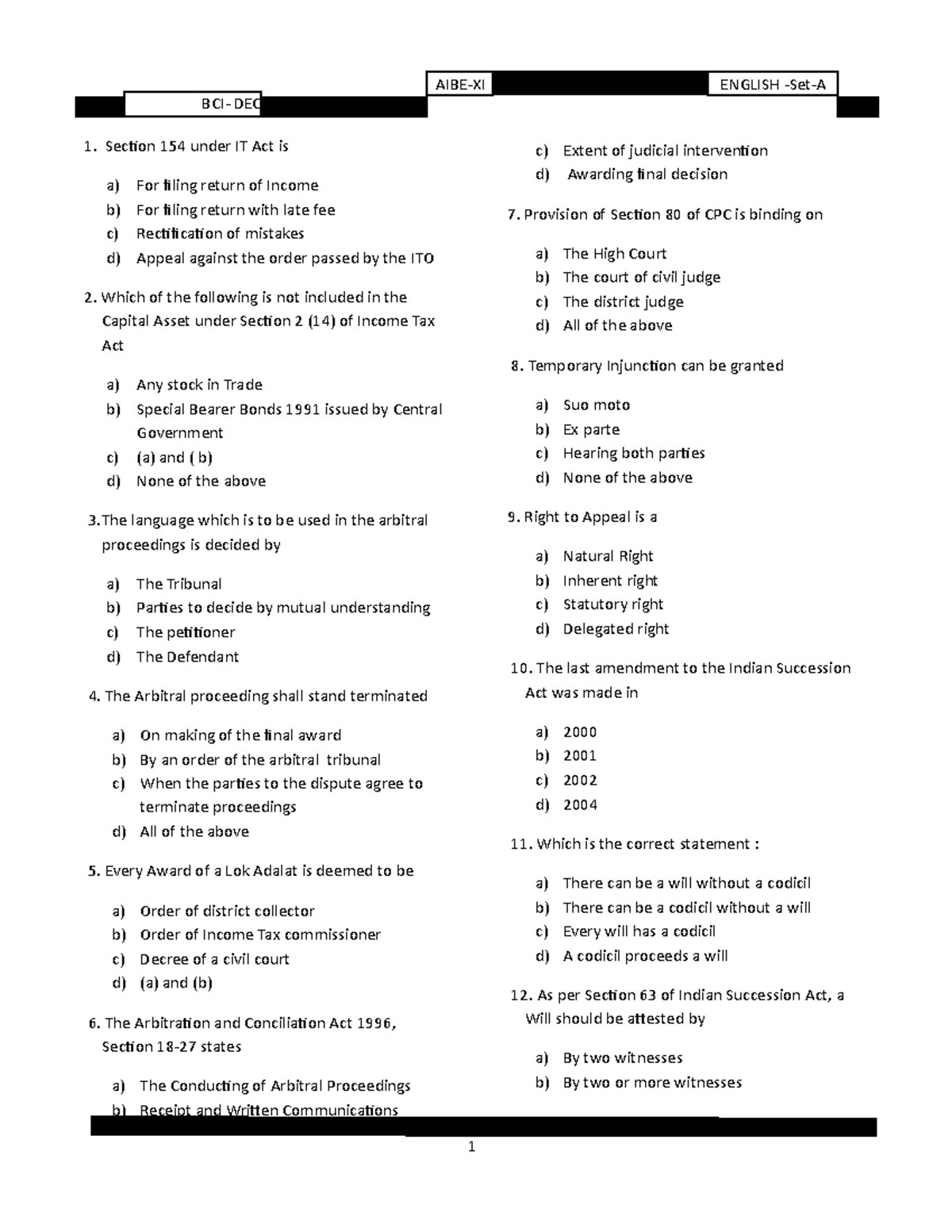 all india bar exam past paper - BCI- DEC 2017 AIBE-XI ENGLISH -Set-A ...