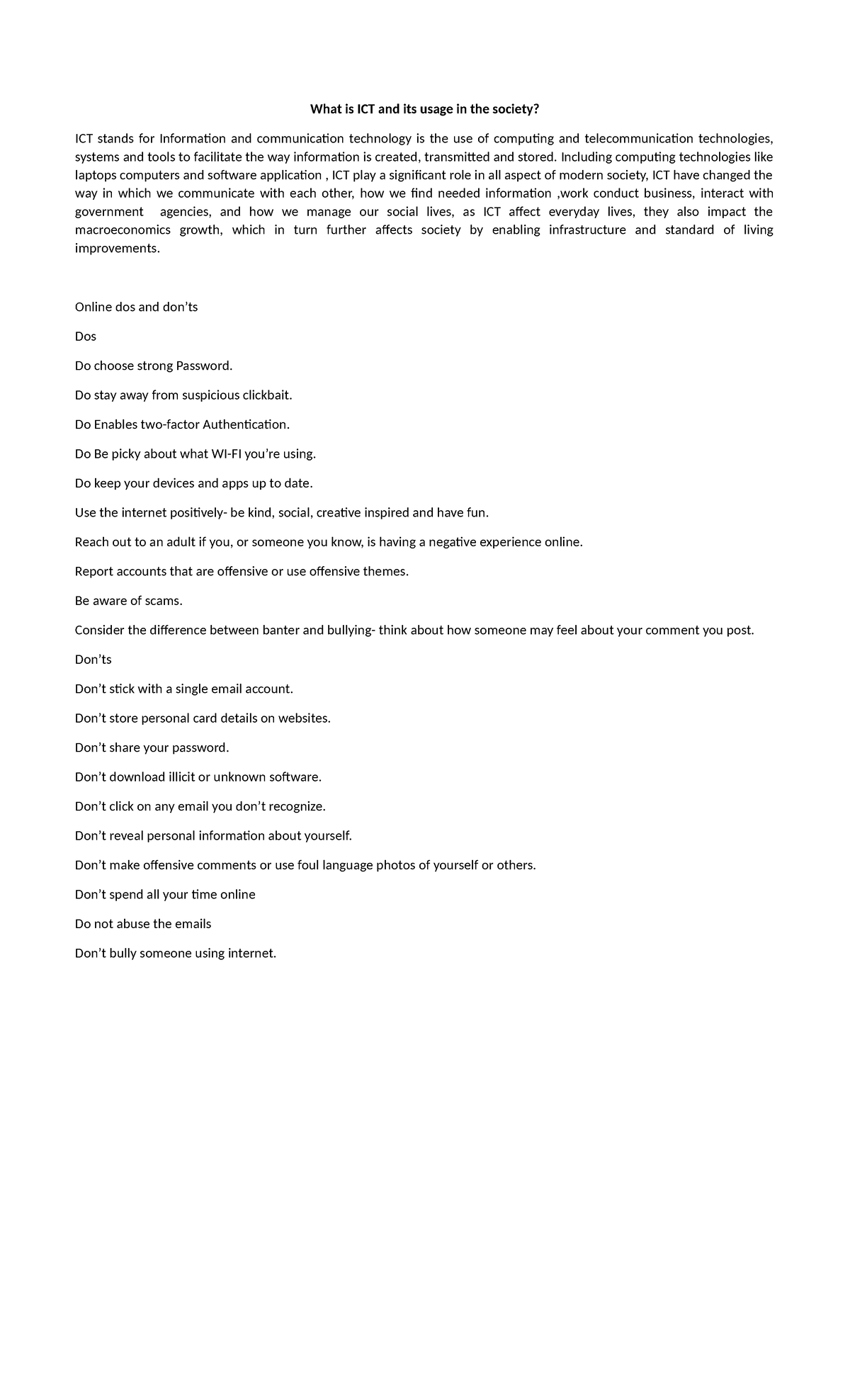 Donts and dos - What is ICT and its usage in the society? ICT stands ...