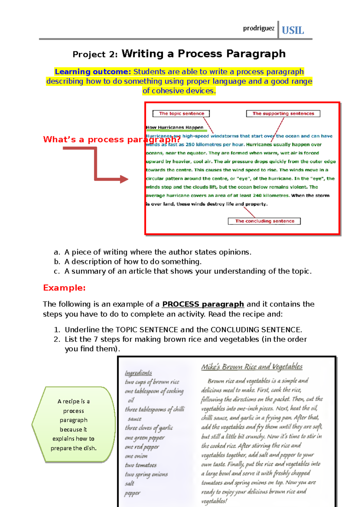 Writing Process Paragraphs Student s Material Project 2 Writing A