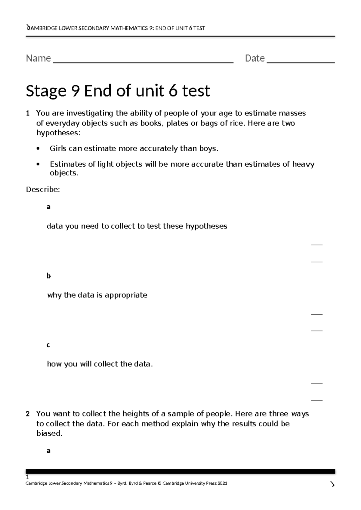 Unit 6 End-of-unit test (1) copy - Name Date Stage 9 End of unit 6 test ...