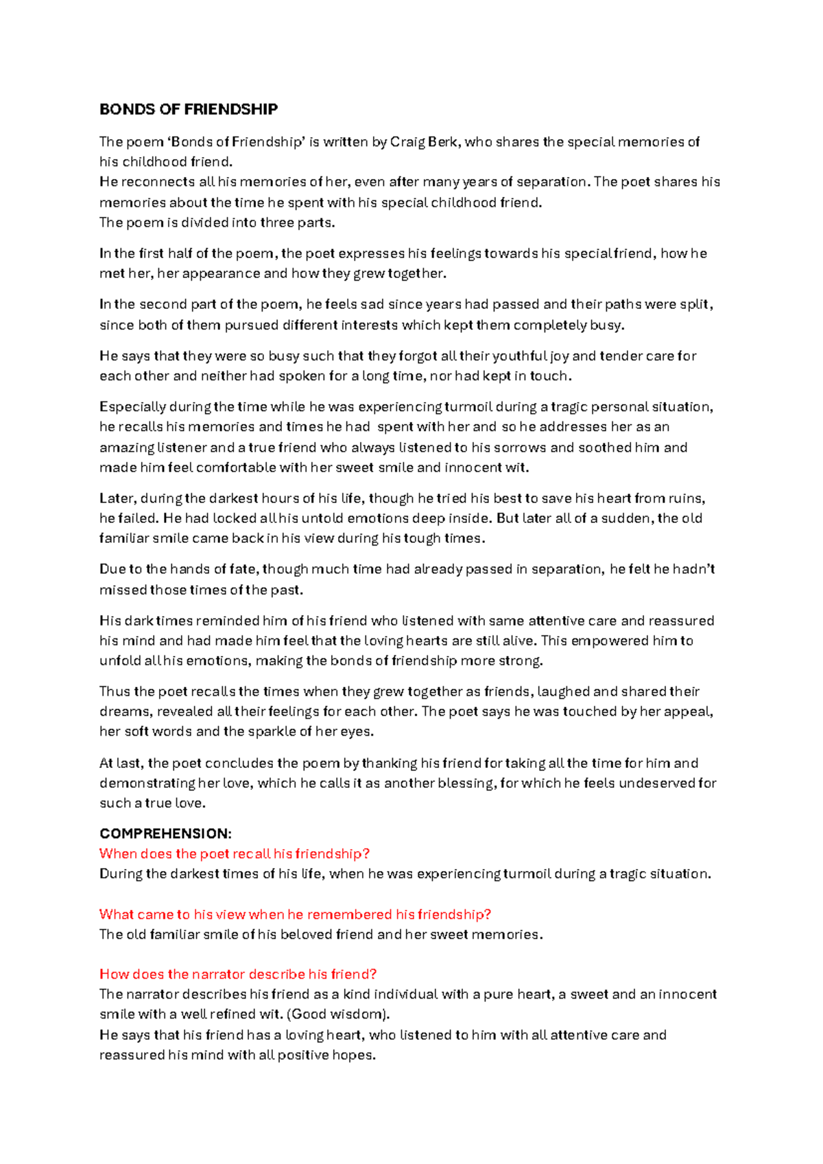 English summary bonds of friendship - BONDS OF FRIENDSHIP The poem ...