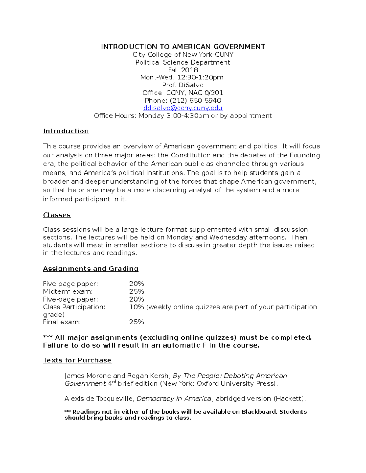 PSC 101 Spring 2020 Syllabus - INTRODUCTION TO AMERICAN GOVERNMENT City ...