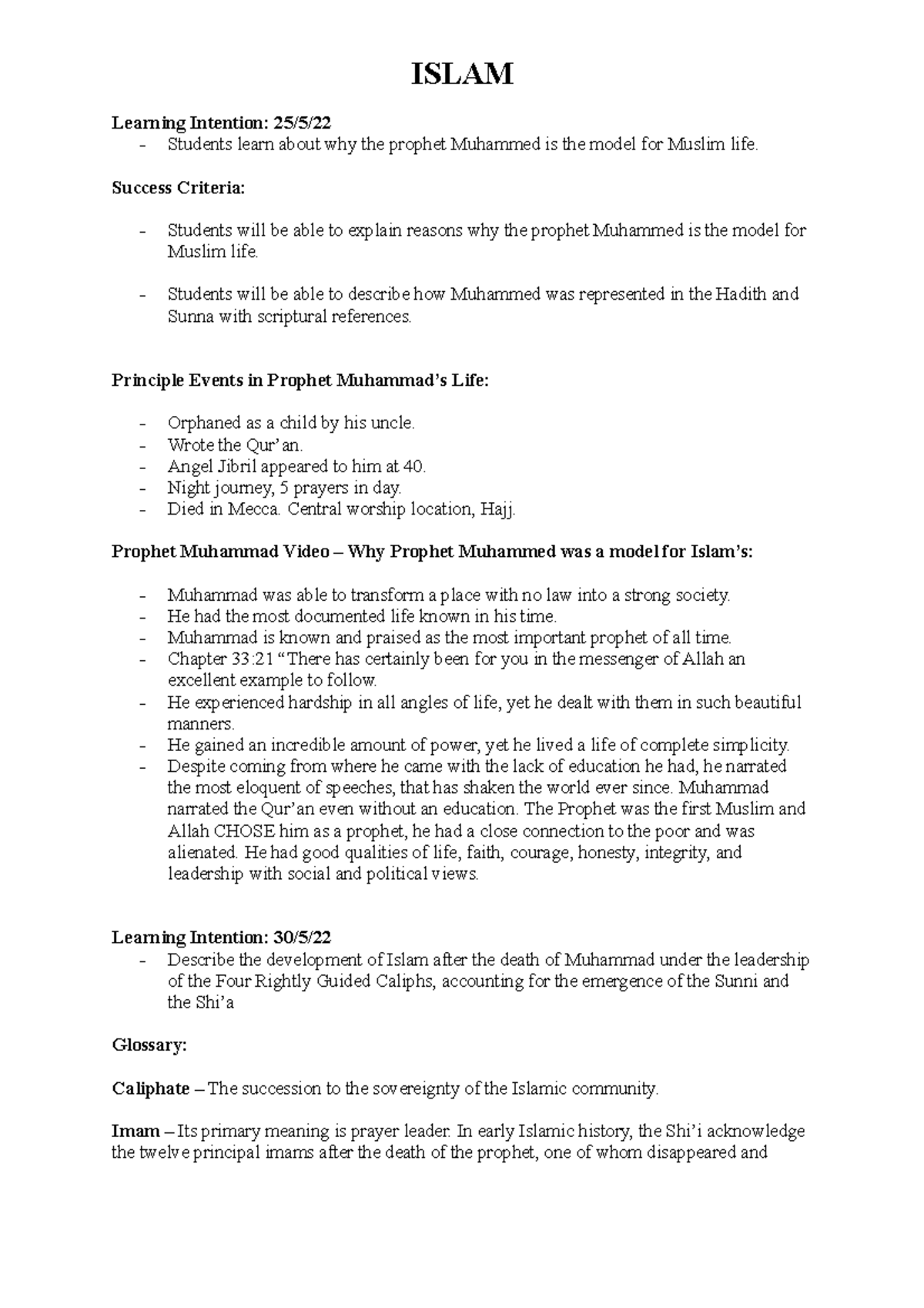 Islam Notes - Learning Intention: 25/5/ - Students learn about why the ...