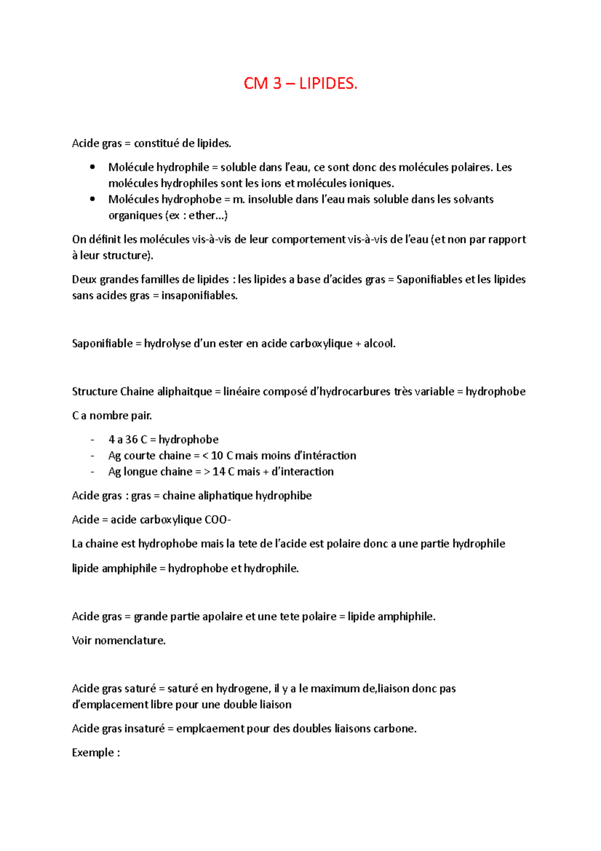 CM 3 - bioch - CM 3 – LIPIDES. Acide gras = constitué de lipides ...
