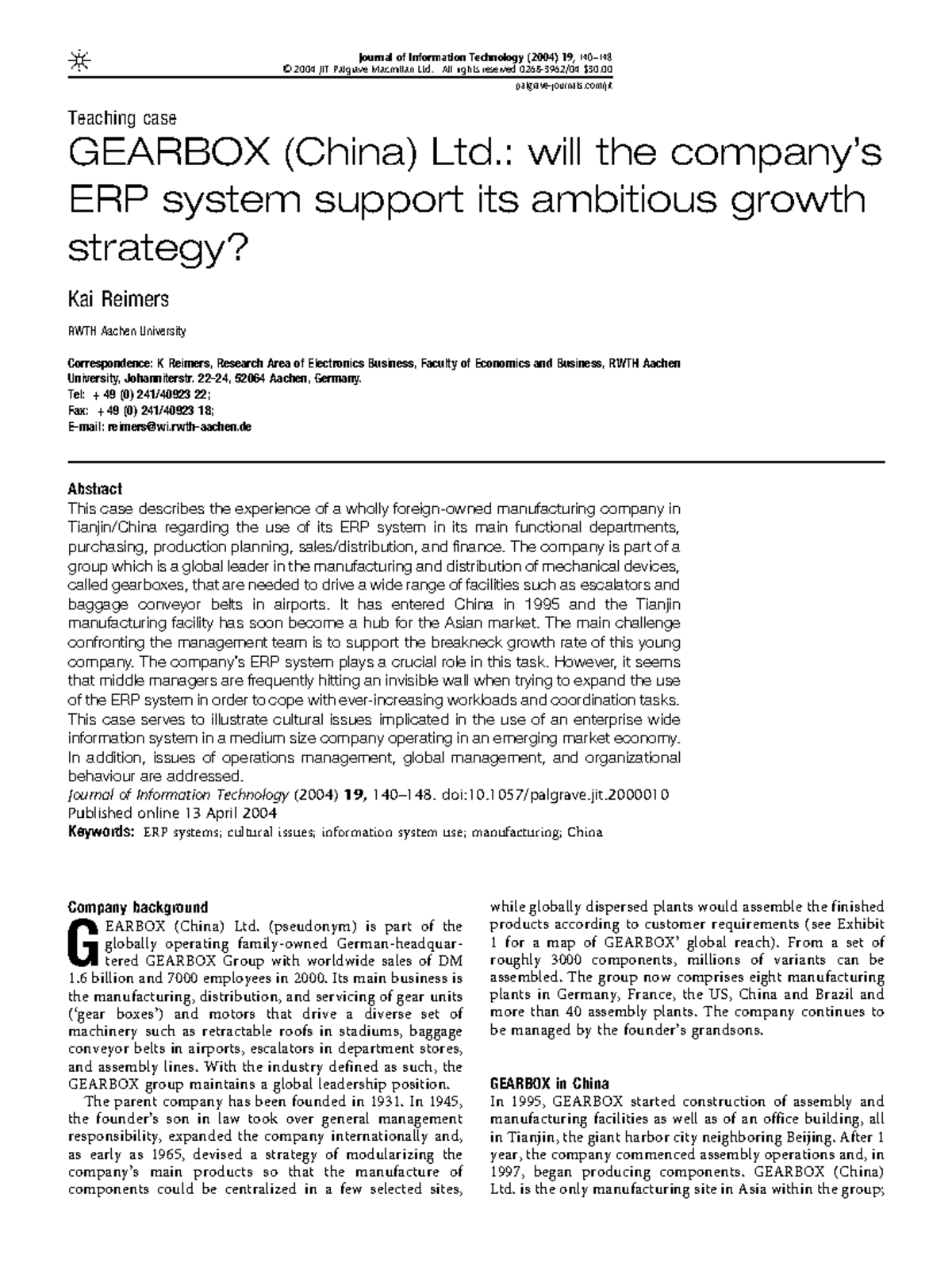 05 Case Study Gearbox - Teaching case GEARBOX (China) Ltd.: will the company’s ERP system ...