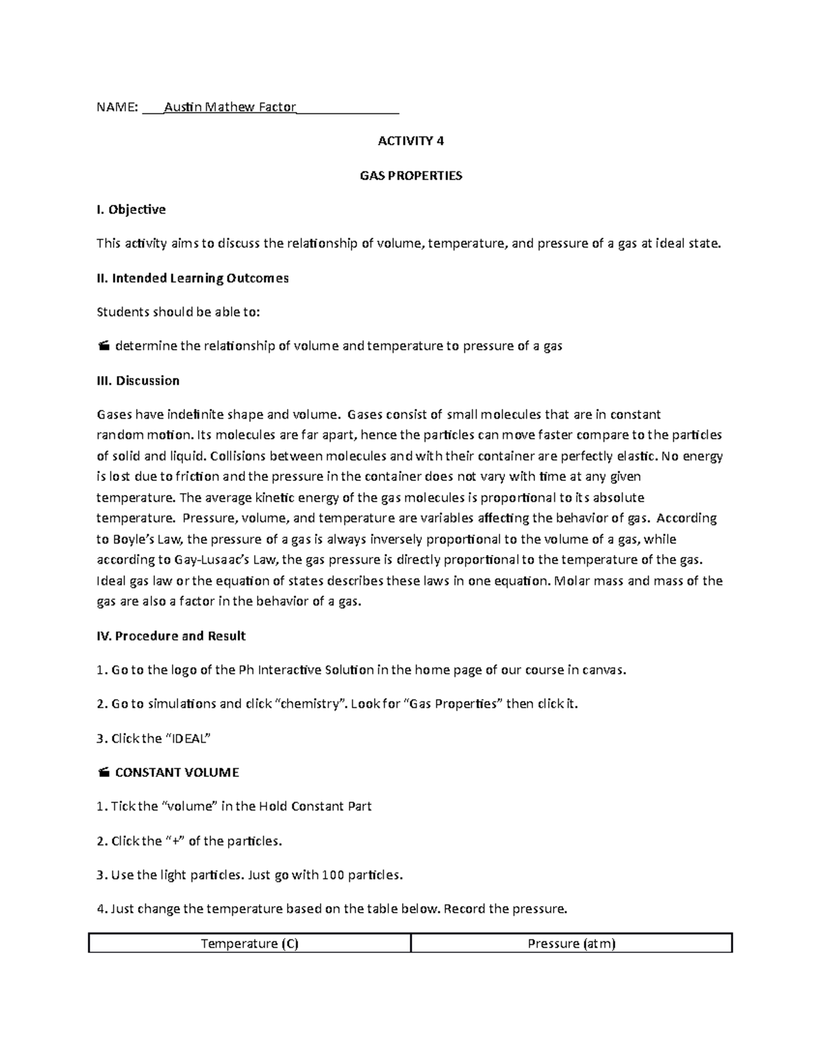 Laboratory Activity 4 Gas Properties - Factor Austin - NAME: Austin ...