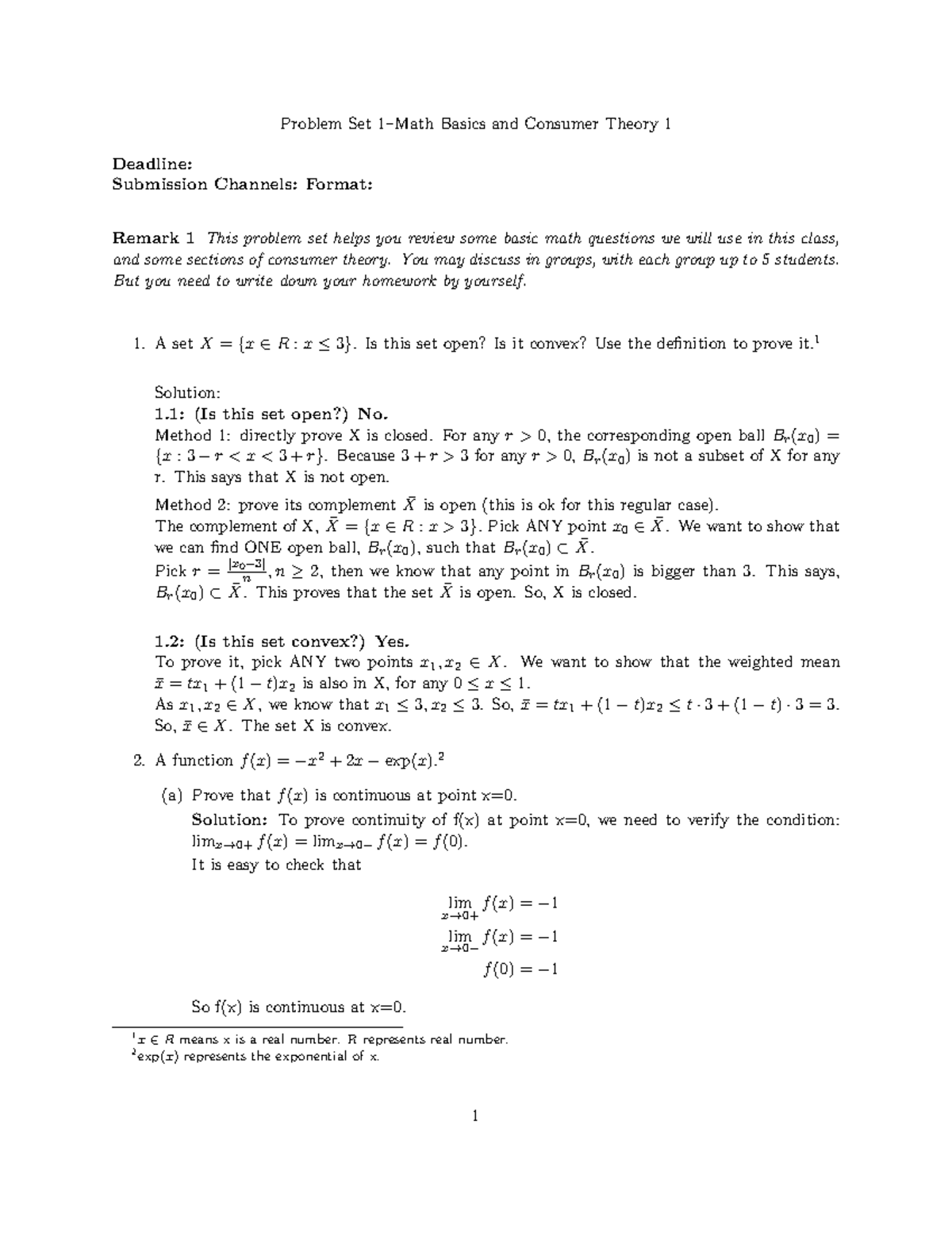 Probset 1 solution - Problem Set 1–Math Basics and Consumer Theory 1 Deadline: Submission ...