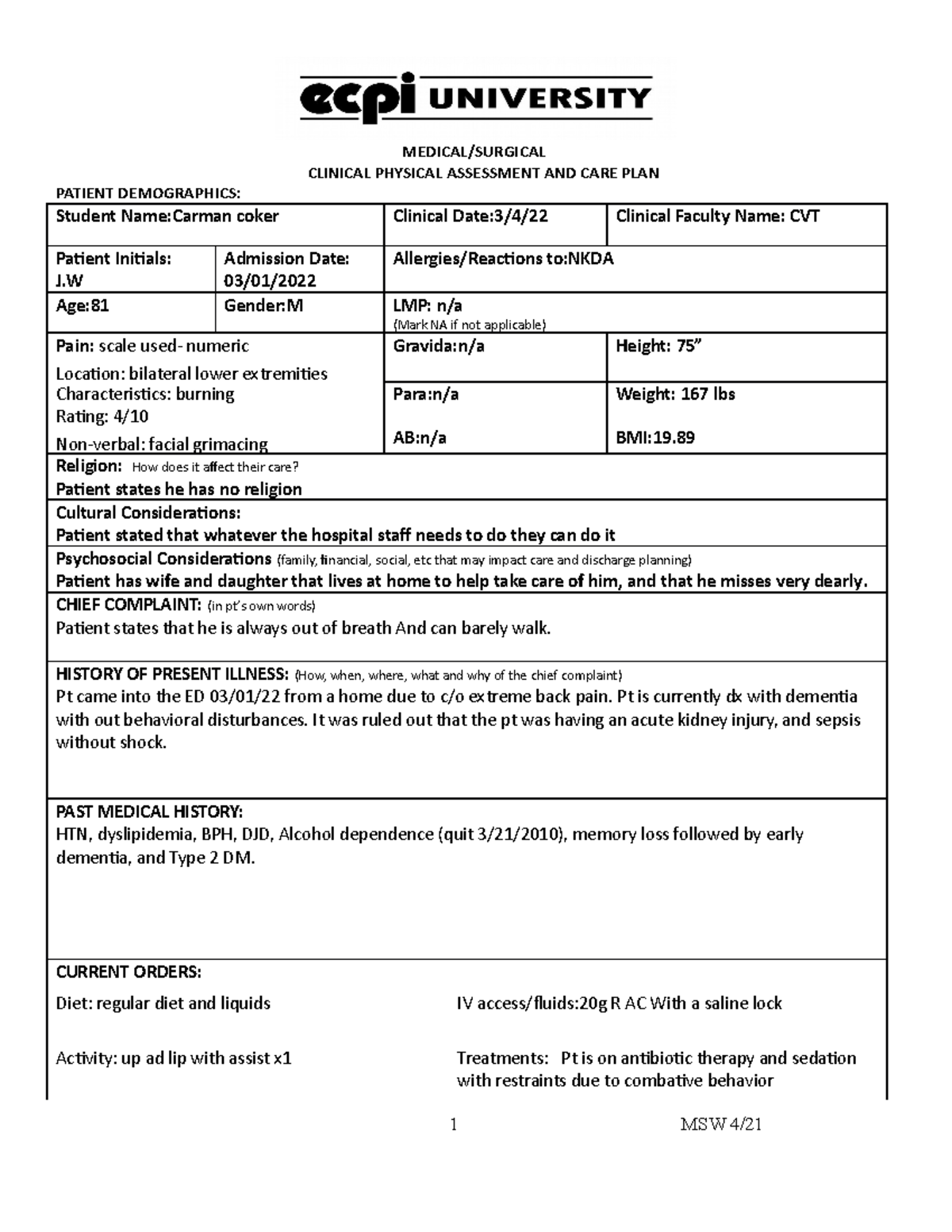 Med Surg Careplan 042021 copy - MEDICAL/SURGICAL CLINICAL PHYSICAL ...