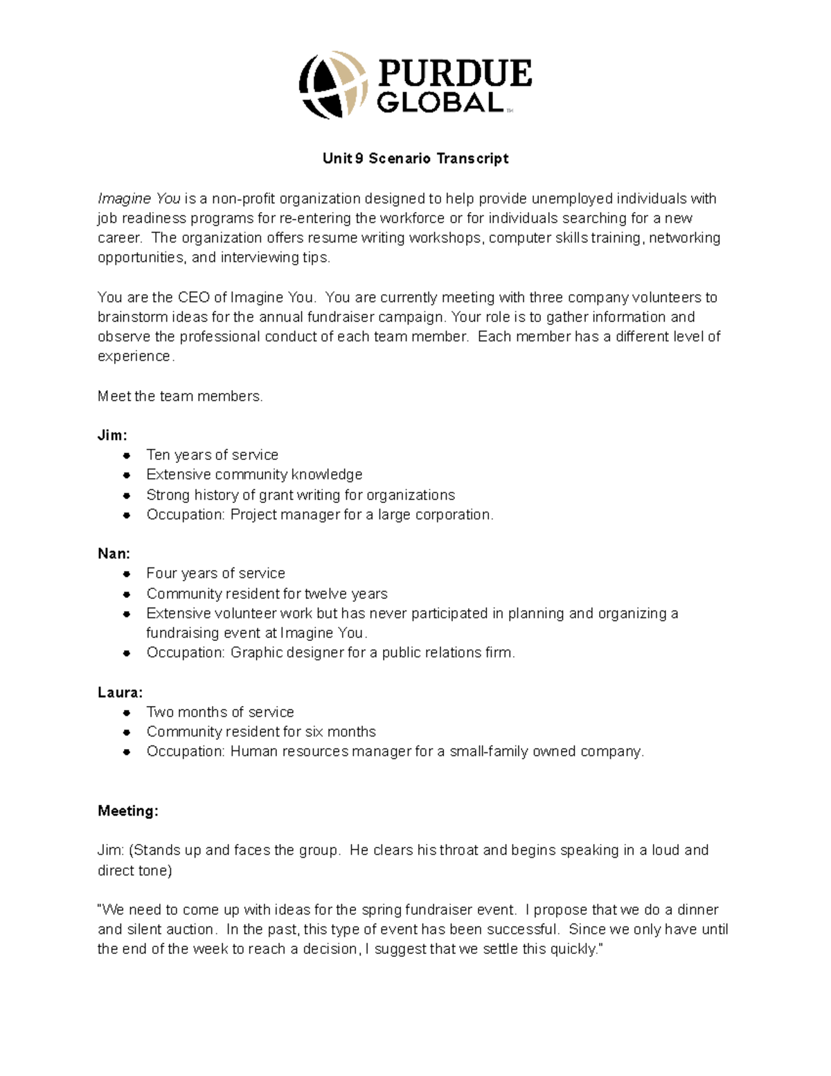 Unit 9 Scenario - bngg - Unit 9 Scenario Transcript Imagine You is a ...